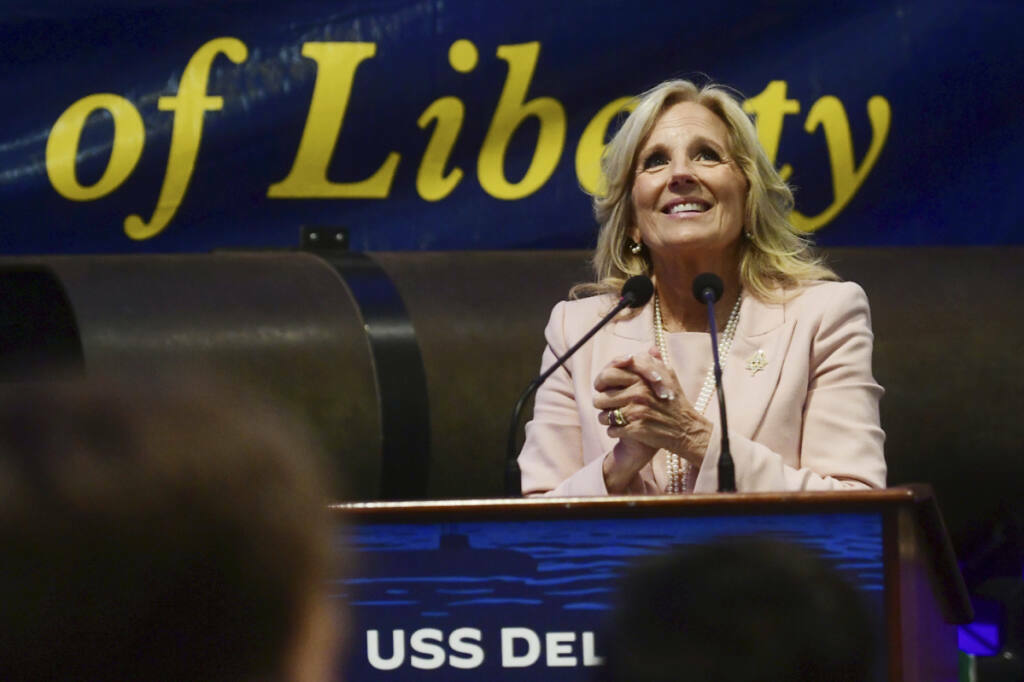 first lady jill biden greets the crew and families of the uss delaware ...
